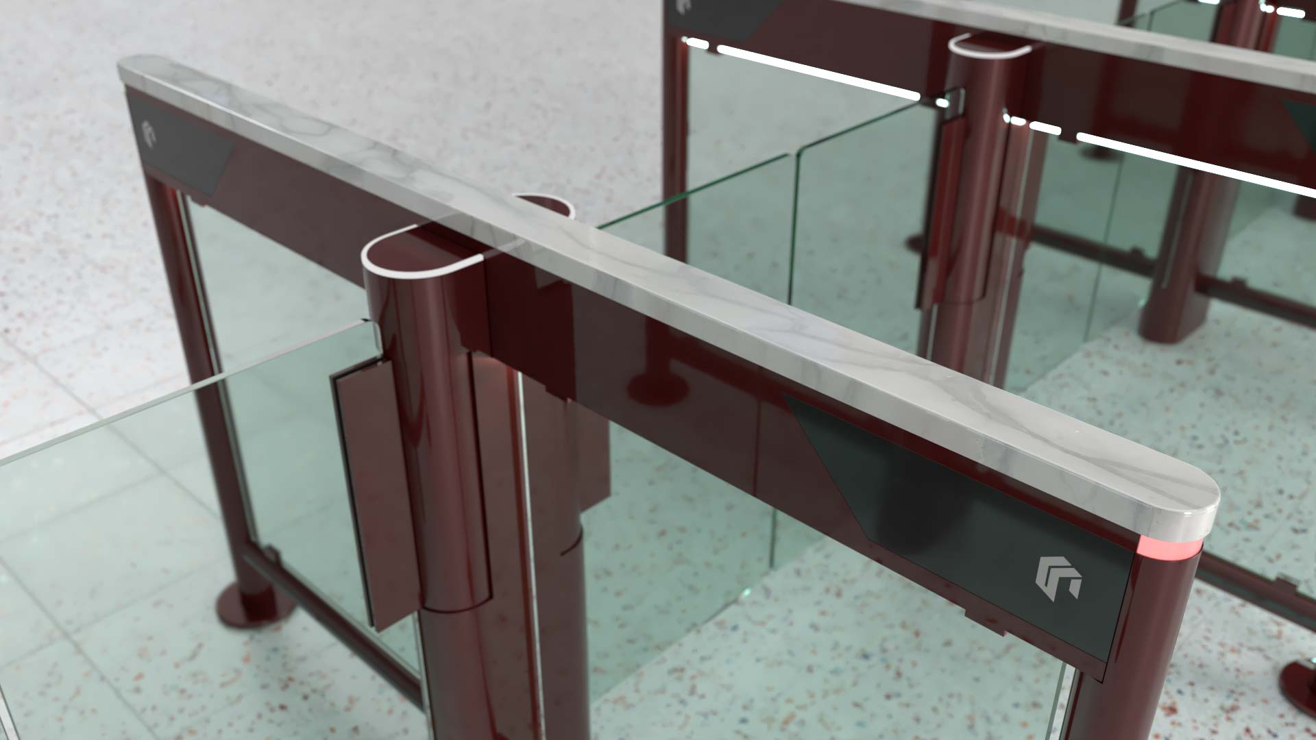 Dark red Speed Gates with marble handrail – POYNTELL